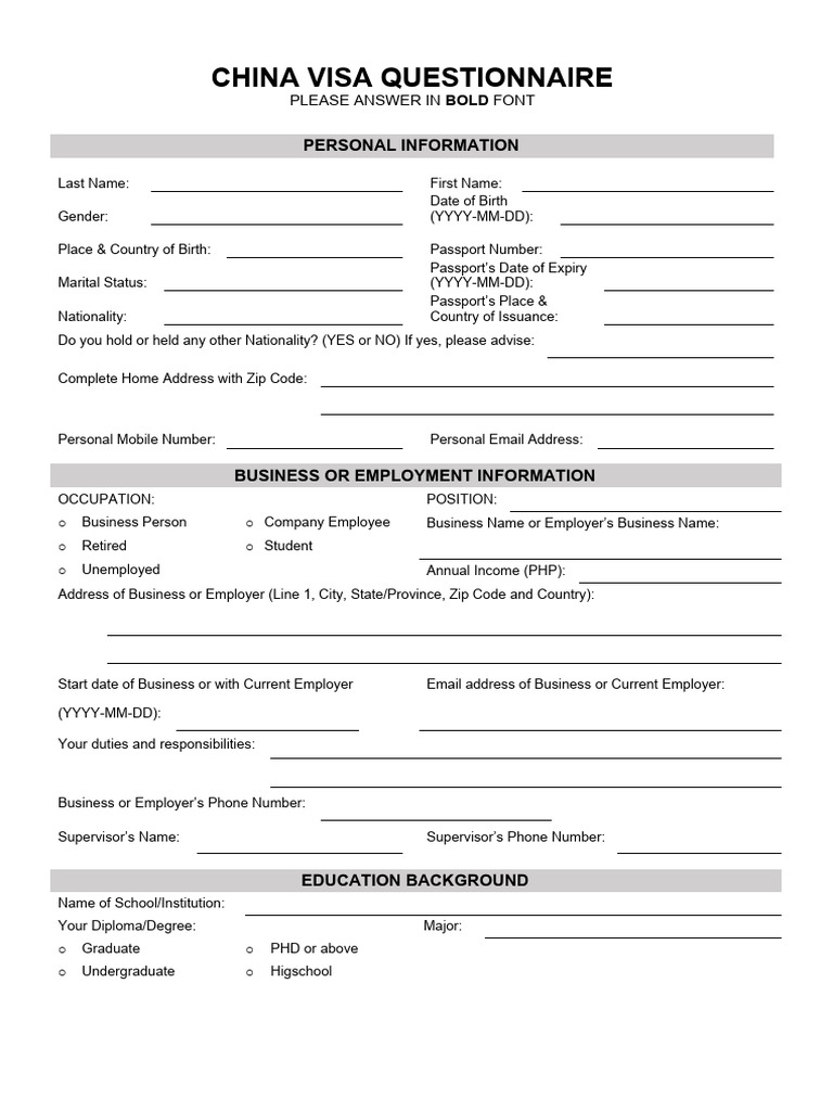 China Visa Questionnaire | PDF | Travel Visa | Human Migration