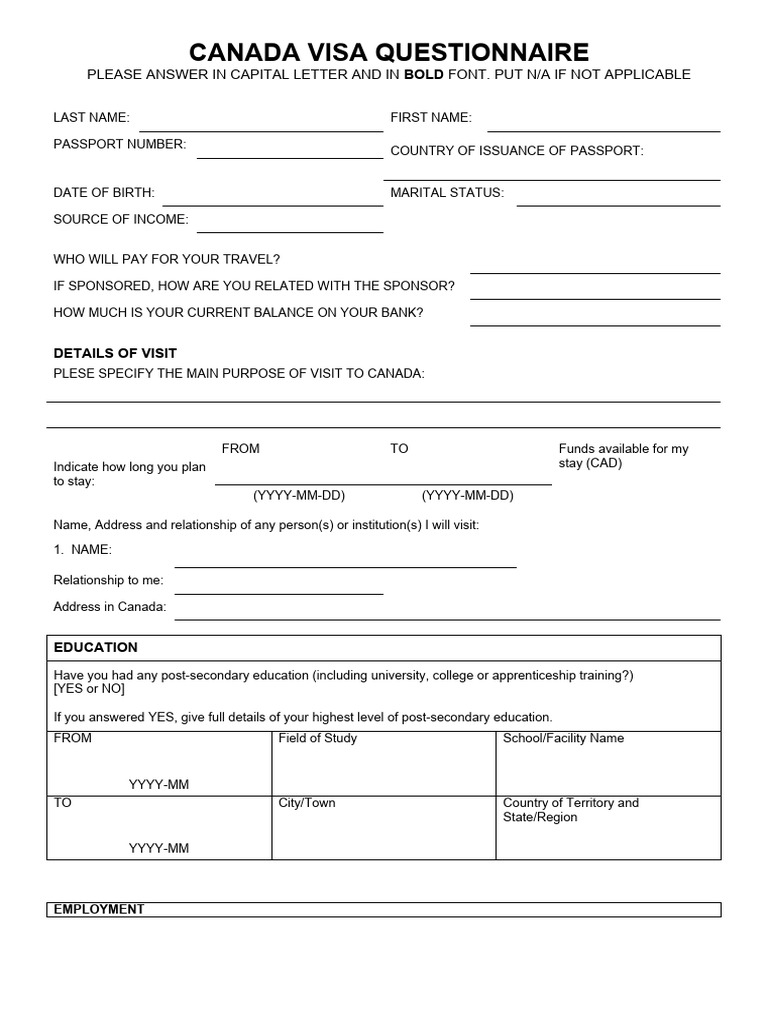 Canada Visa Questionnaire | PDF | Travel Visa | Employment