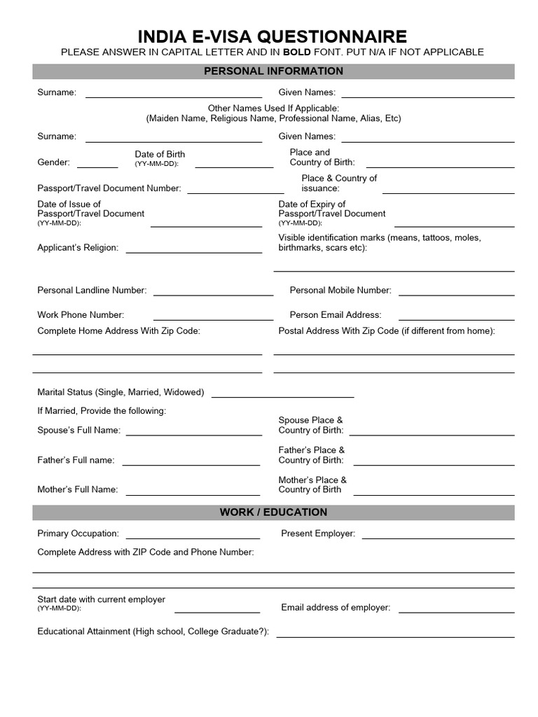 India E-Visa Application Form | PDF | Government And Personhood