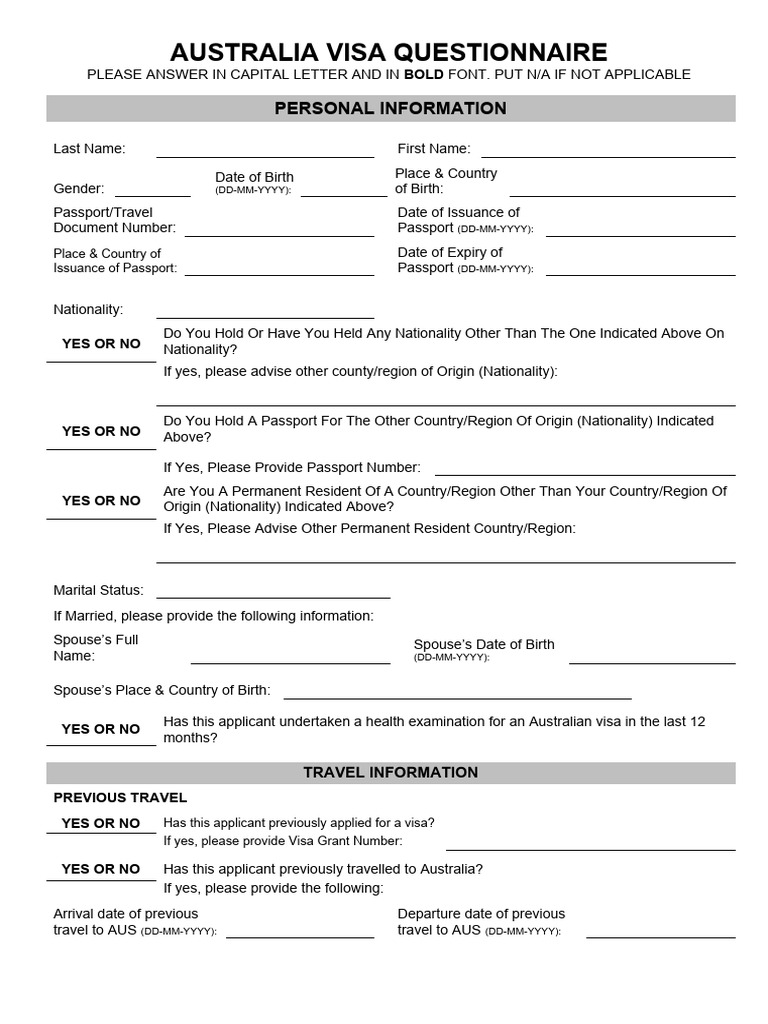 Australia Visa Questionnaire | PDF | Travel Visa | Health Care