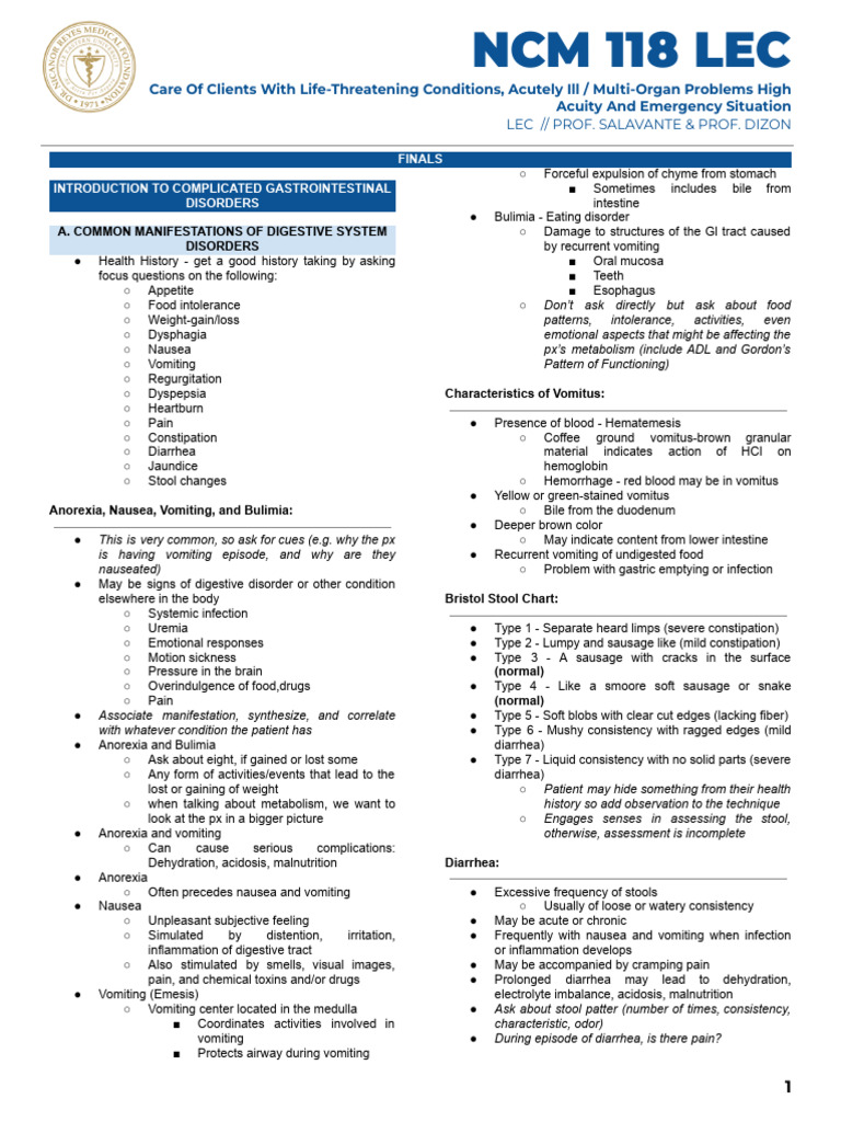 NCM 118 LEC - FINALS - Docx Google Docs | PDF | Diarrhea | Clinical ...