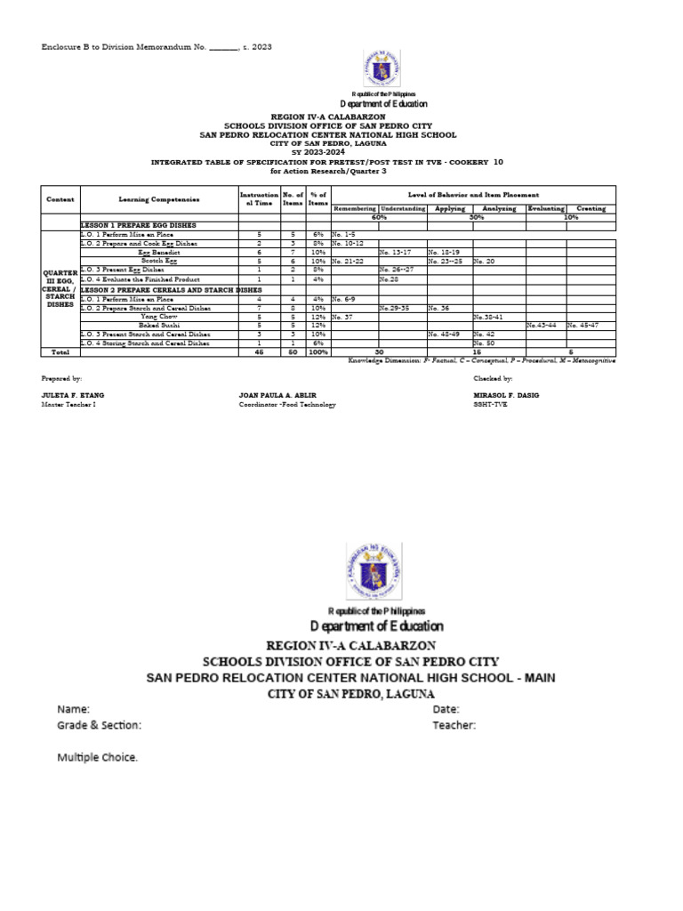 Tos Ar Pre Post Test q3 Cookery 10 | PDF | Learning | Behavior Modification