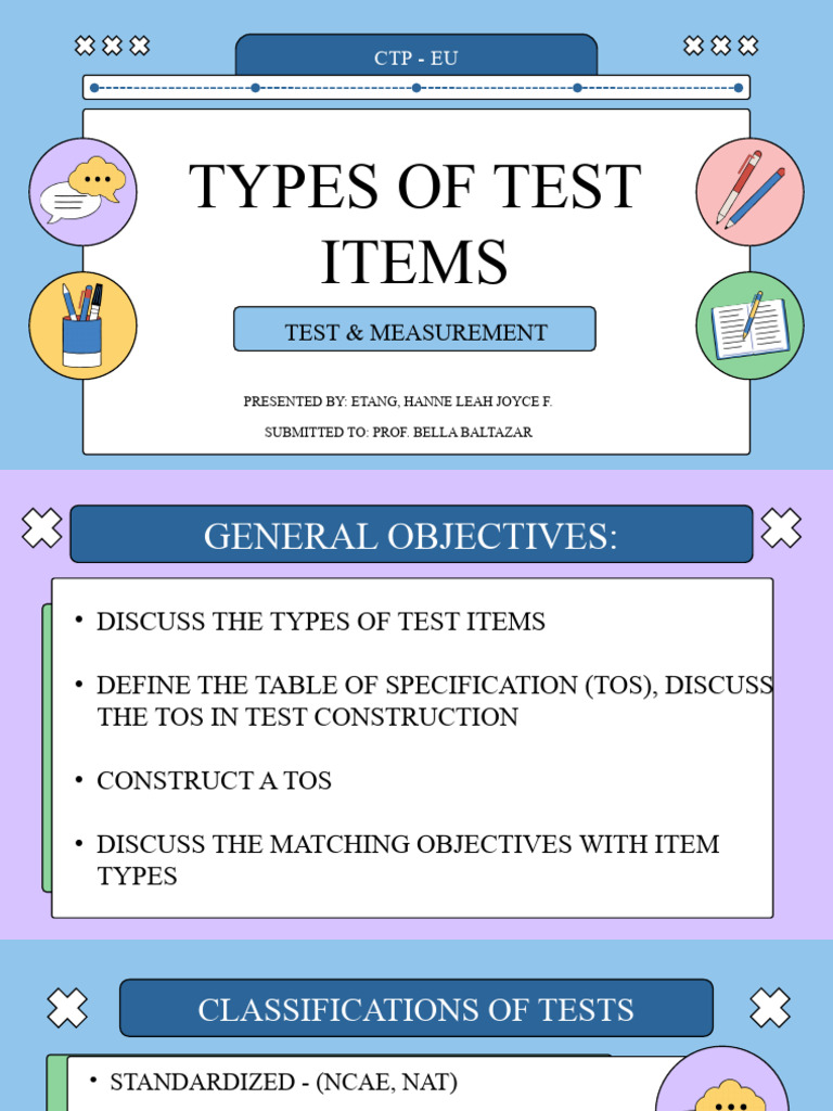 Etang Tos, Types of Items | PDF | Multiple Choice | Validity (Statistics)