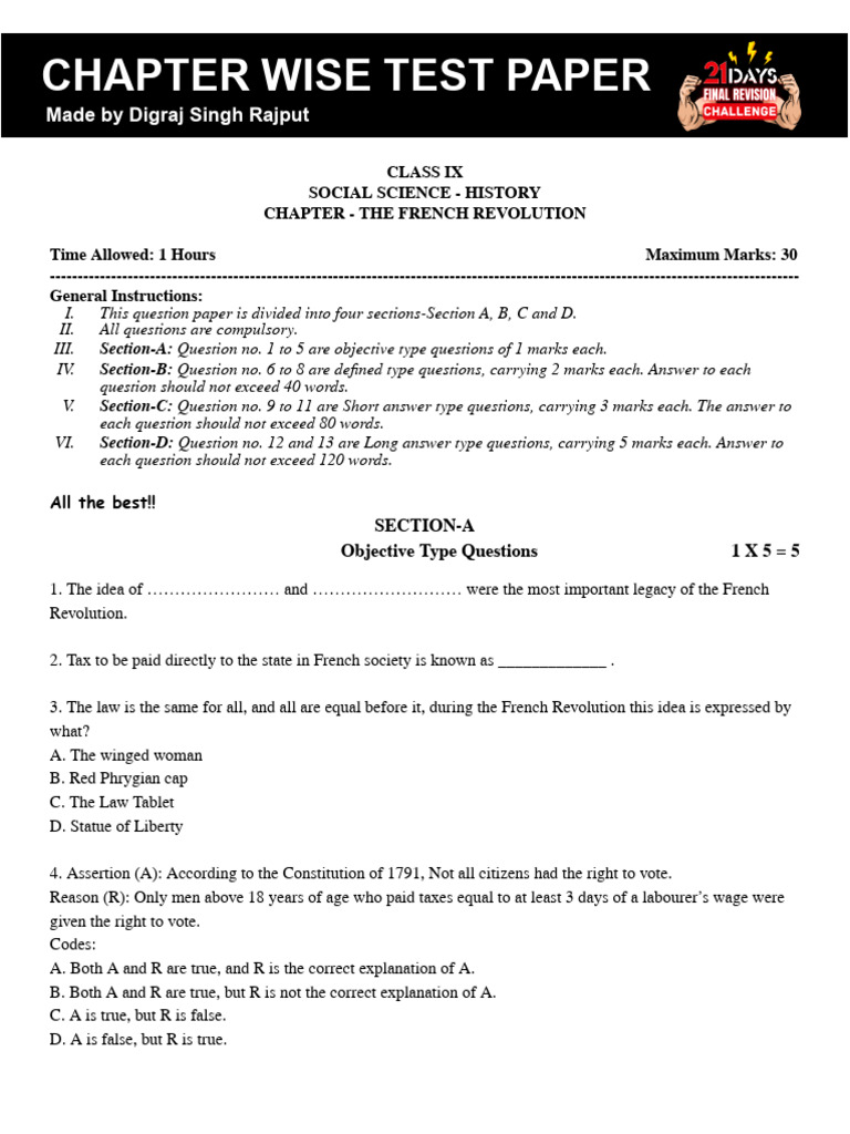 French Revolution Test Paper for Class IX | PDF | French Revolution ...