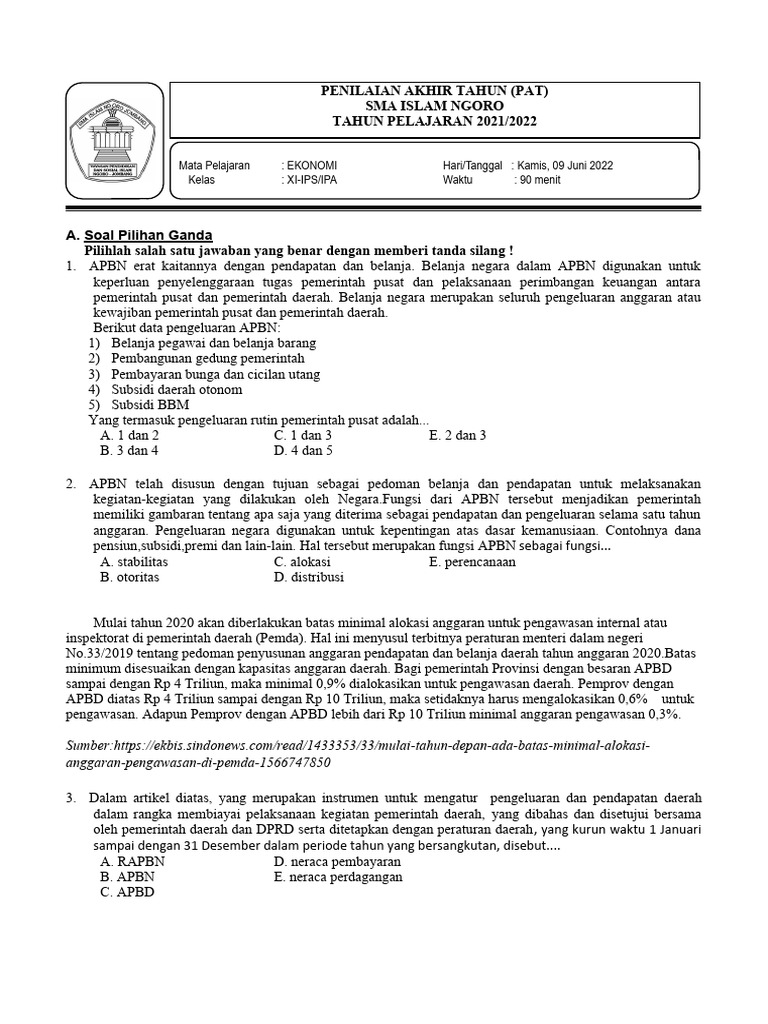 Soal Ekonomi Kelas Xi | PDF