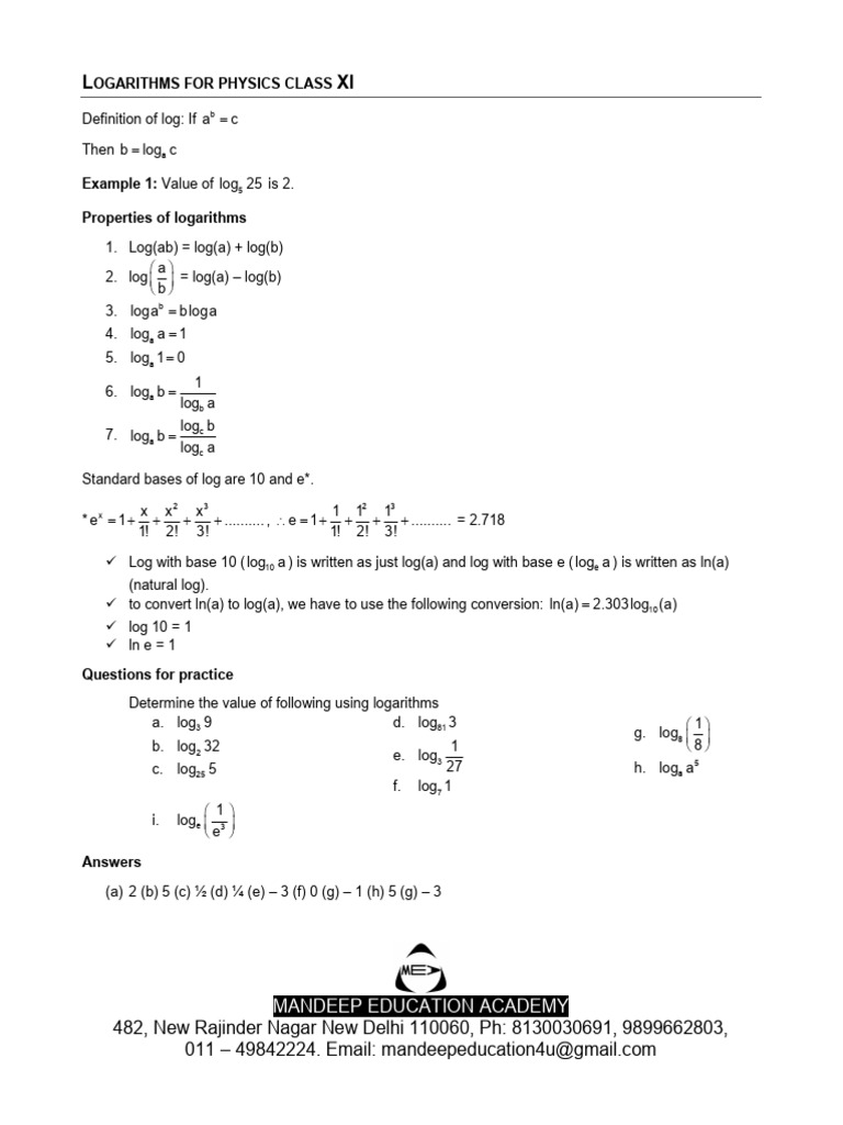 Logarithms Worksheet Class 11 | PDF
