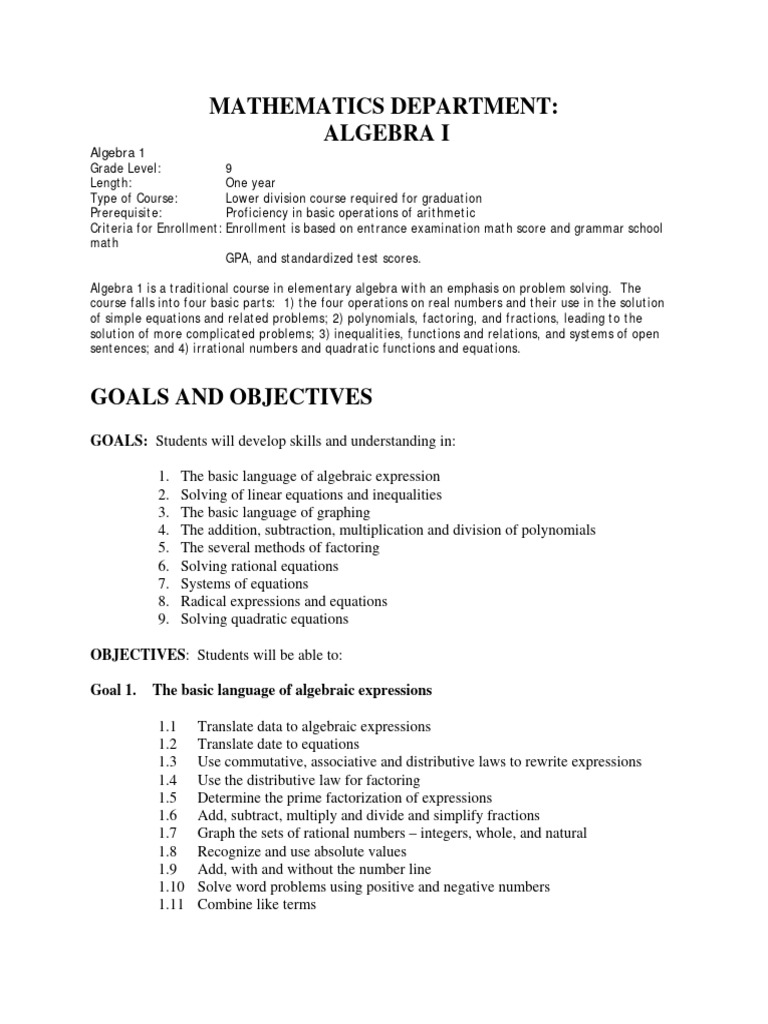 Algebra I Goals and Objectives | PDF | Factorization | Equations