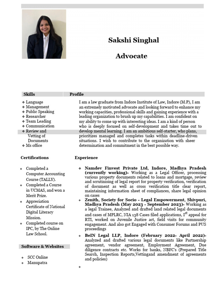 CV Sakshi Singhal Final | PDF | Justice | Crime & Violence