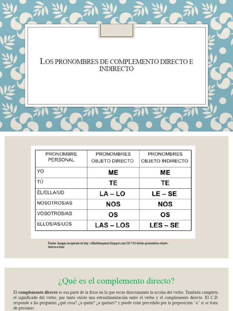Los Pronombres de Complemento Directo e Indirecto | PDF | Objeto (gramática) | Verbo