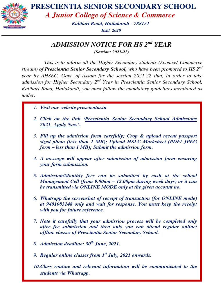 5-PS3 Class XII Admission Notice | PDF