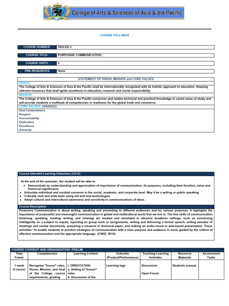 Purposive Comunication Course Outline | PDF | Communication | Persuasion