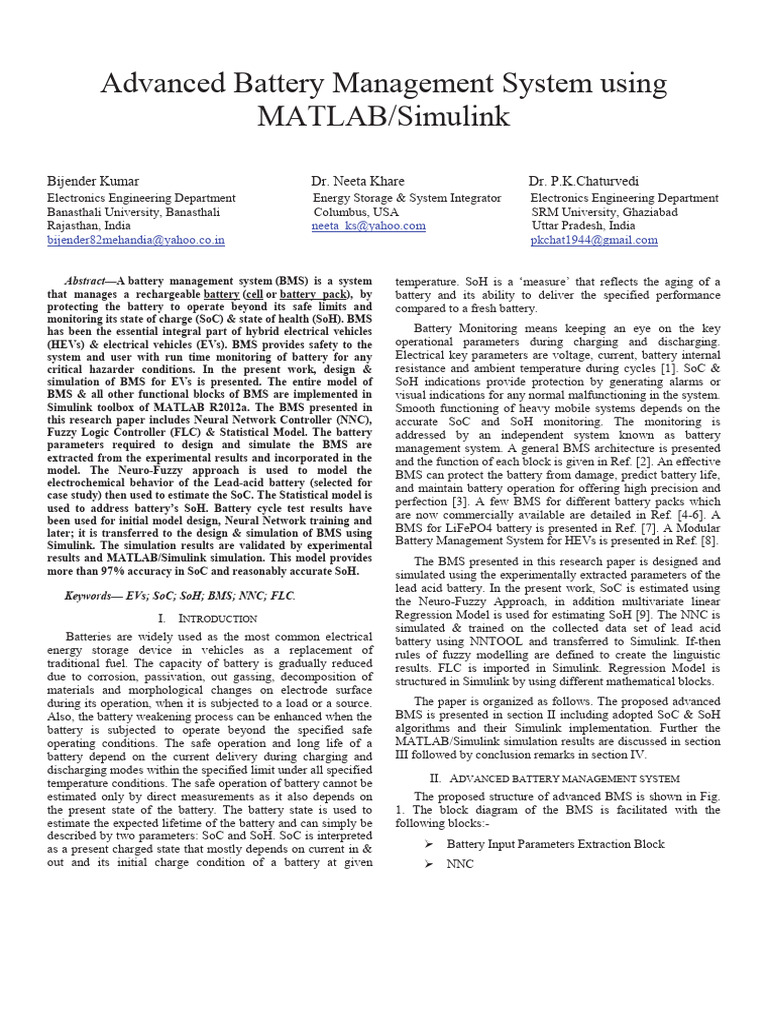 Advanced Battery Management System Using MATLAB Simulink | PDF | Rechargeable Battery | Fuzzy Logic