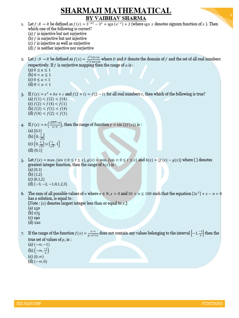 Functions DPP JEE Main | PDF | Function (Mathematics) | Equations