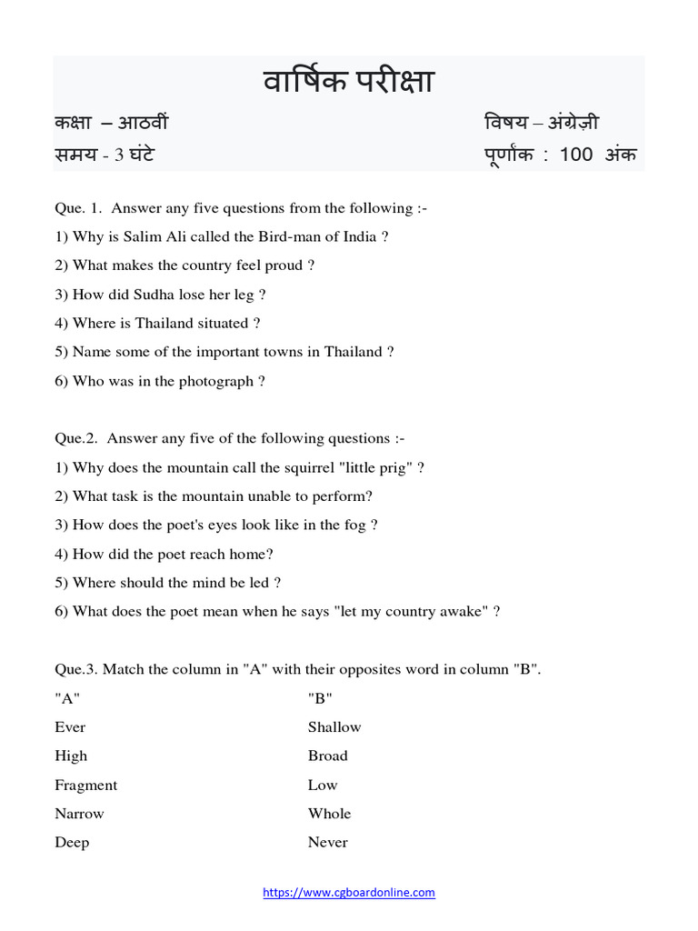 Cg-Board-Class-8 3 Subject Questions Peper | PDF