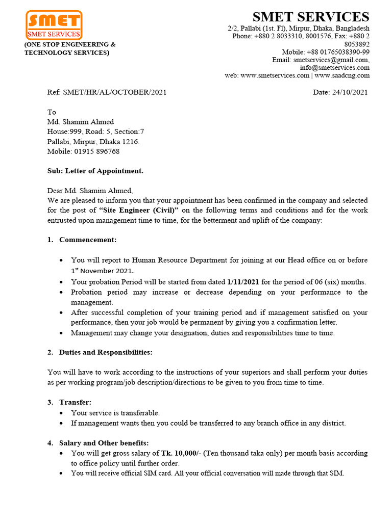Appointment Letter for Site Engineer | PDF | Business