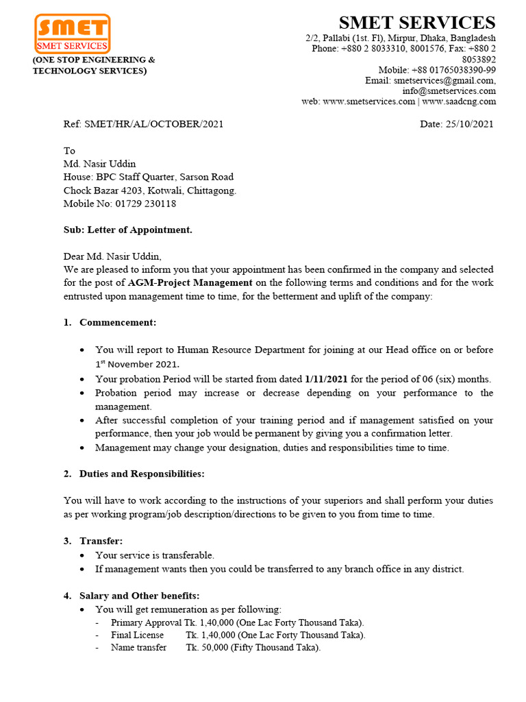 Appointment Letter - Md. Nasir Uddin | PDF | Business