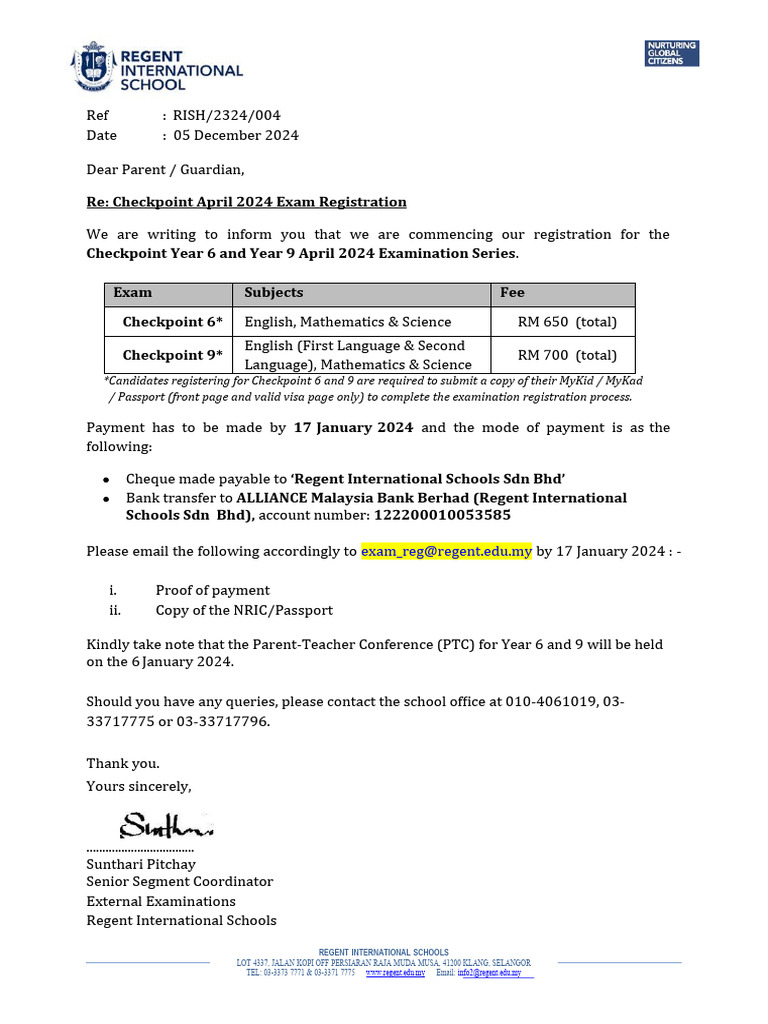 004 Letter to parents - Checkpoint April 2024 Exam Registration | PDF