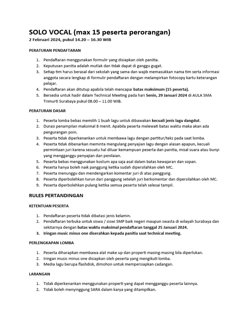 2 Feb 2024 Peraturan Lomba Solo Vocal | PDF