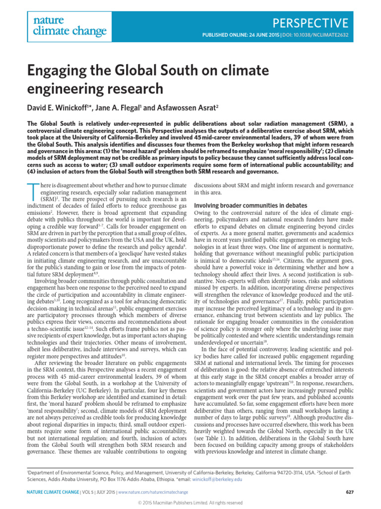 Winickoff Et Al 2015 Nature Climate Change Engaging The Global South in Geoengineering | PDF ...