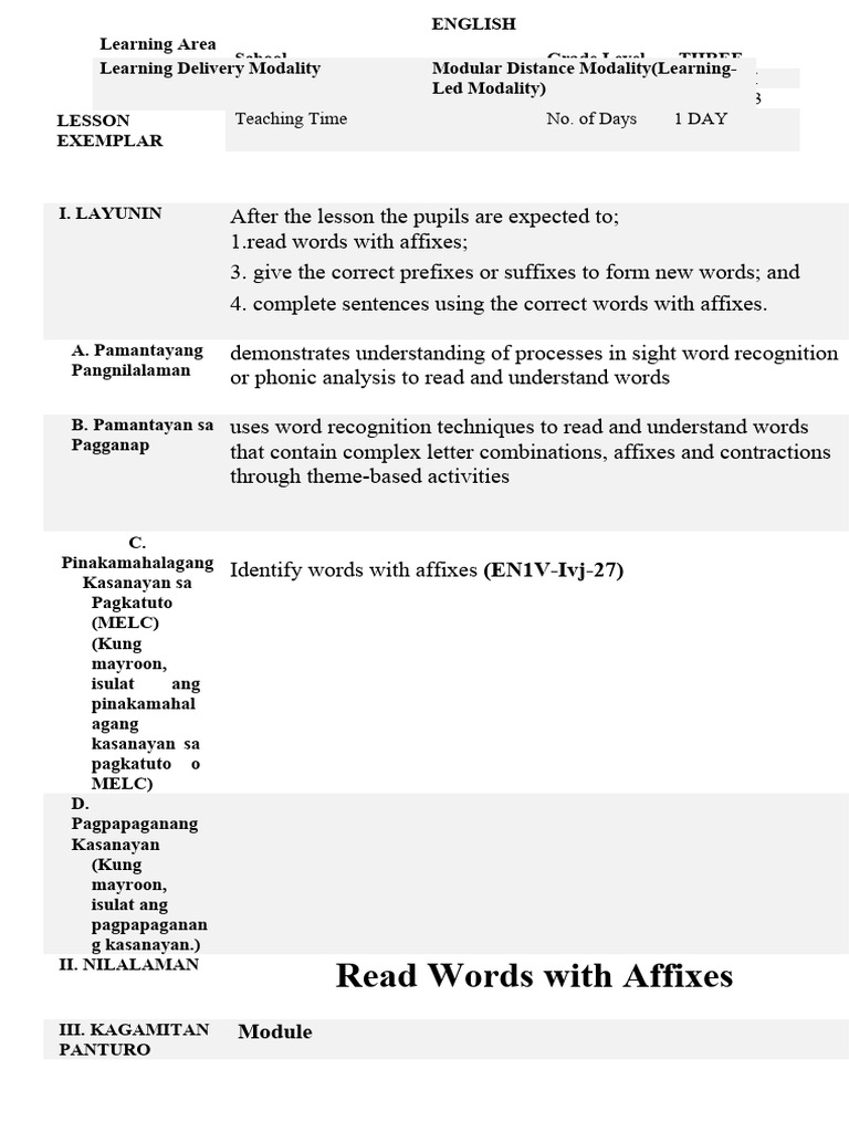 DLP Cot English-Q3 | PDF | Word | Learning