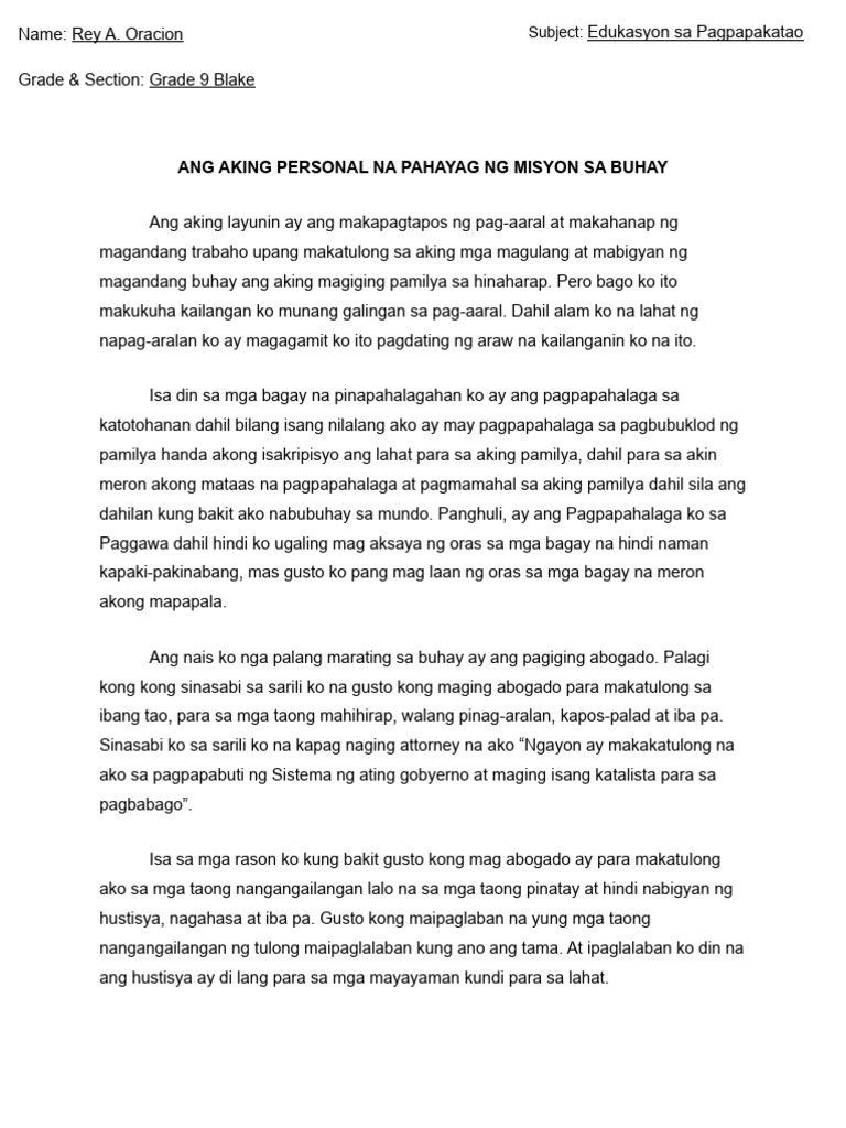 Ang Aking Personal Na Pahayag NG Misyon Sa Buhay | PDF