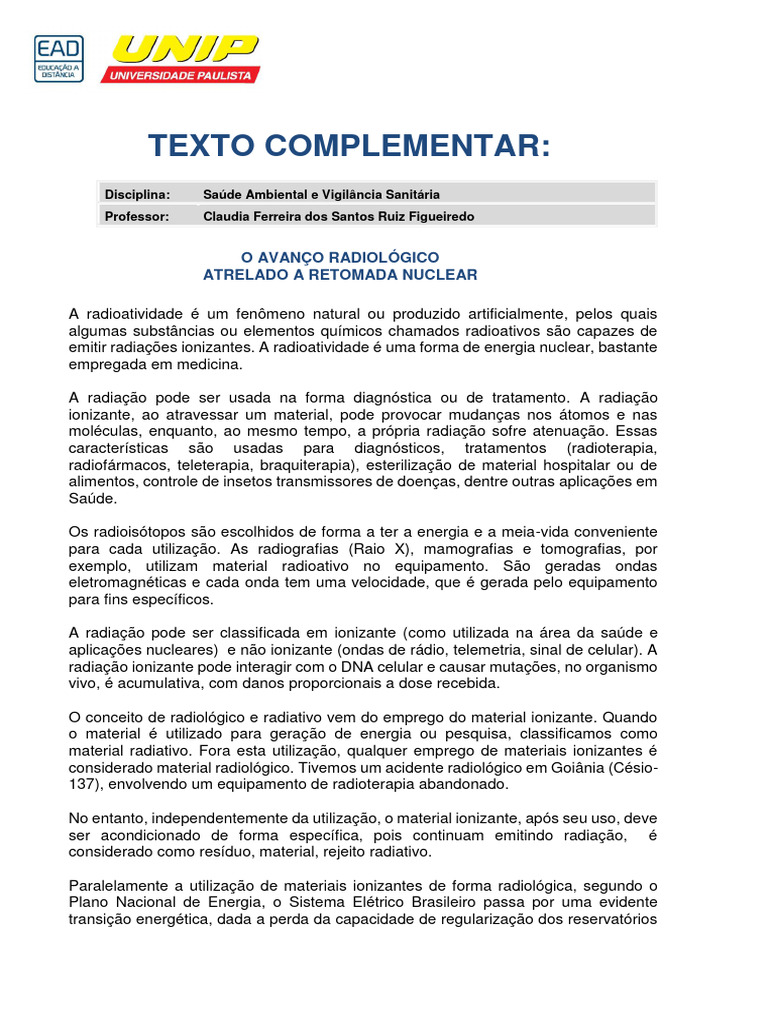 Texto Complementar | Download grátis PDF | Potência nuclear | Radioatividade