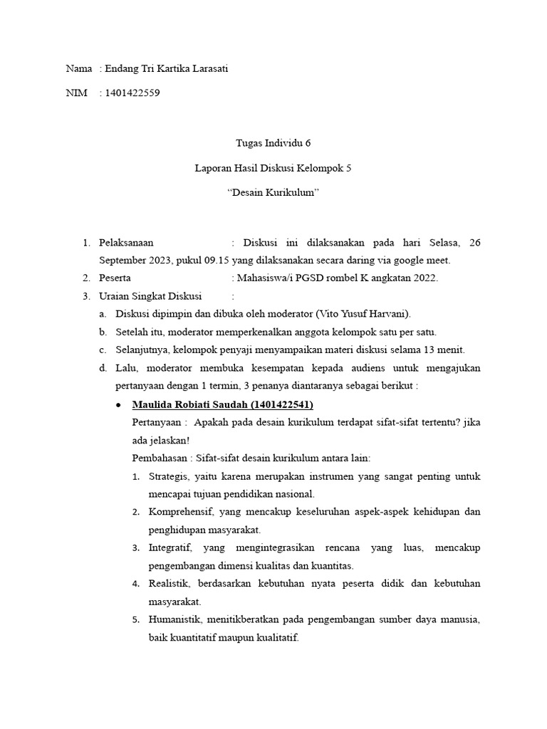 Tugas 6 Pengembangan Kurikulum SD - Endang Tri Kartika | PDF | Ilmu ...