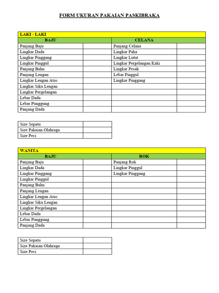 Form Ukuran Pakaian Paskibraka | PDF