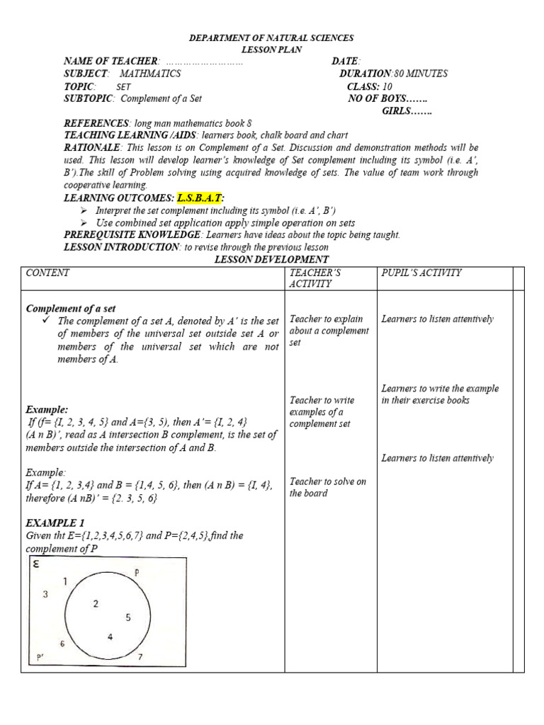 650dd14a3d2b7grade 10 Mathematics Sets - Complement of A Set Editable Lesson Plan | Download ...