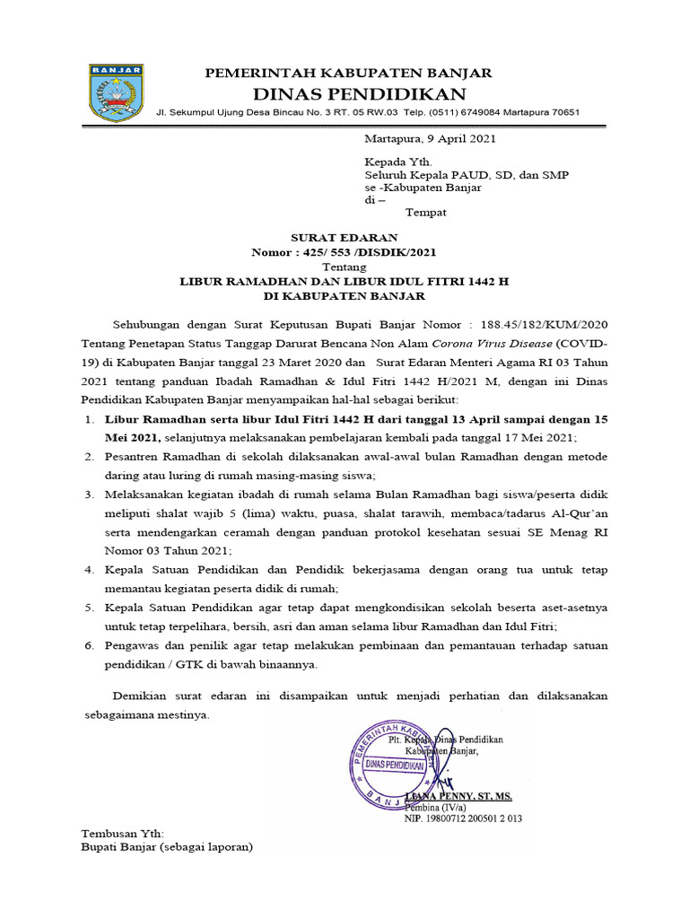 Surat Edaran Kegiatan Belajar Mengajar Di Rumah Dan Libur Ramadhan 2021 | PDF