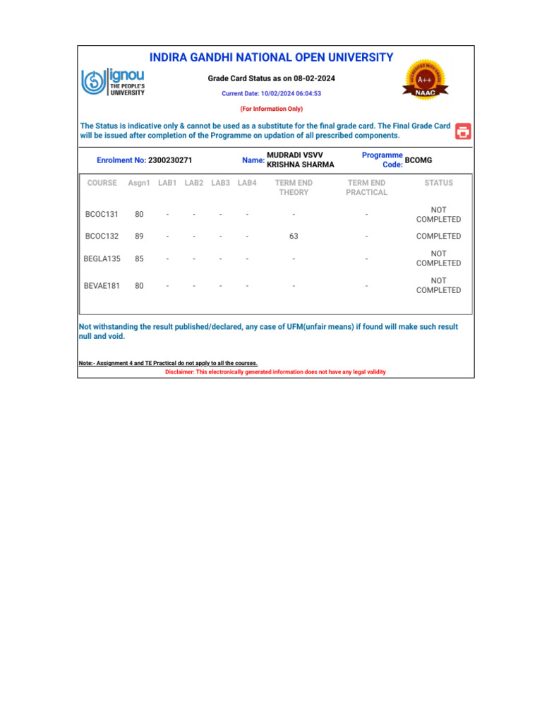 IGNOU Grade Card | PDF