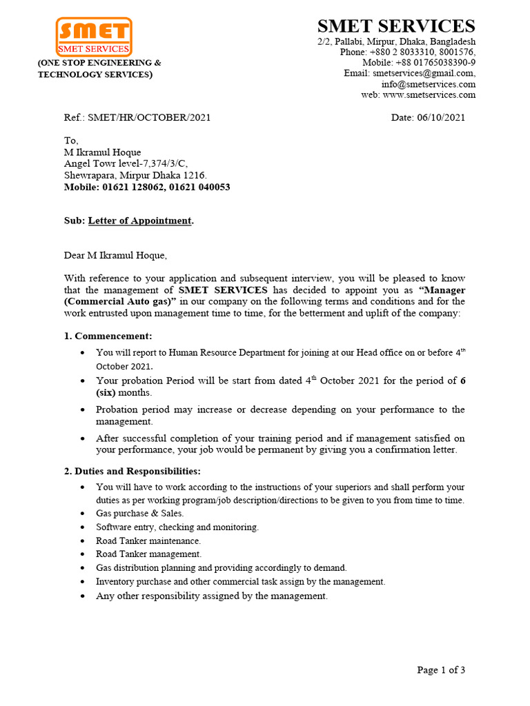 Letter of Appointment of M Ikramul Hoque | PDF | Mobile Phones | Employment
