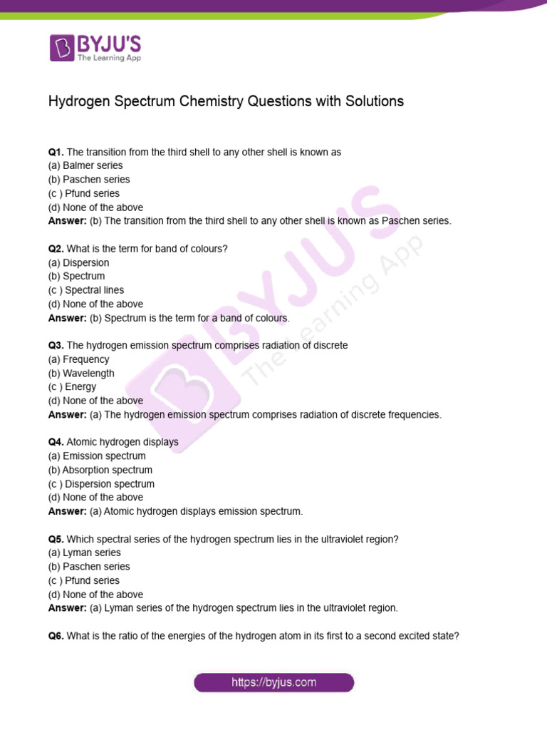 Hydrogen Spectrum Questions and Solutions | PDF | Energy Level ...