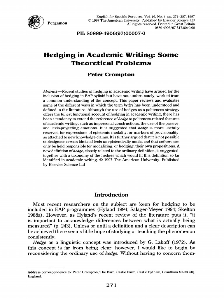 Crompton Hedging in Academic Writing | PDF | Epistemology | Proposition