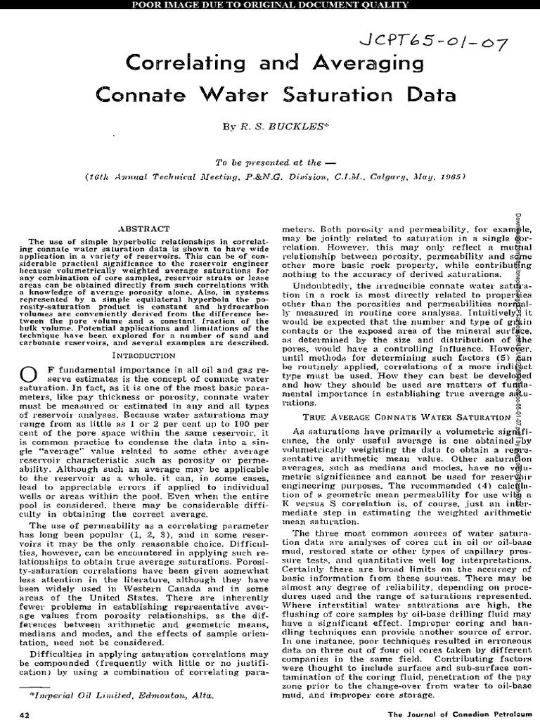 Correlating and Averaging Connate Water Saturation Data: Jcptb5 | PDF | Porosity | Physical Sciences