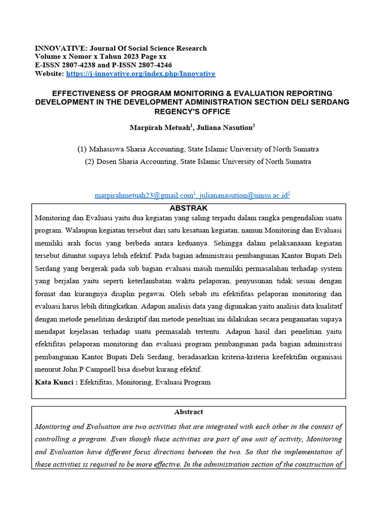 Effectiveness of Program Monitoring & Evaluation Reporting Development ...