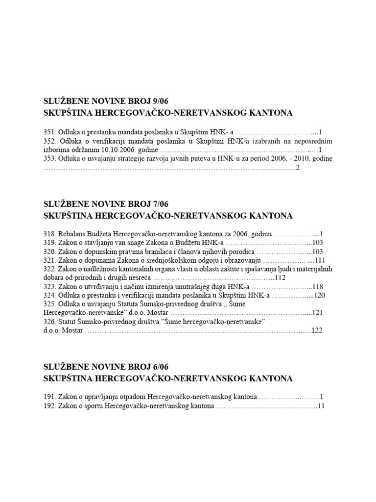 Popis Usvojenih Akata U Skupstini HNK U 2006. Godini | PDF