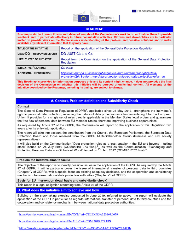 European Commission - Roadmap - Report On The Application of The General Data Protection ...