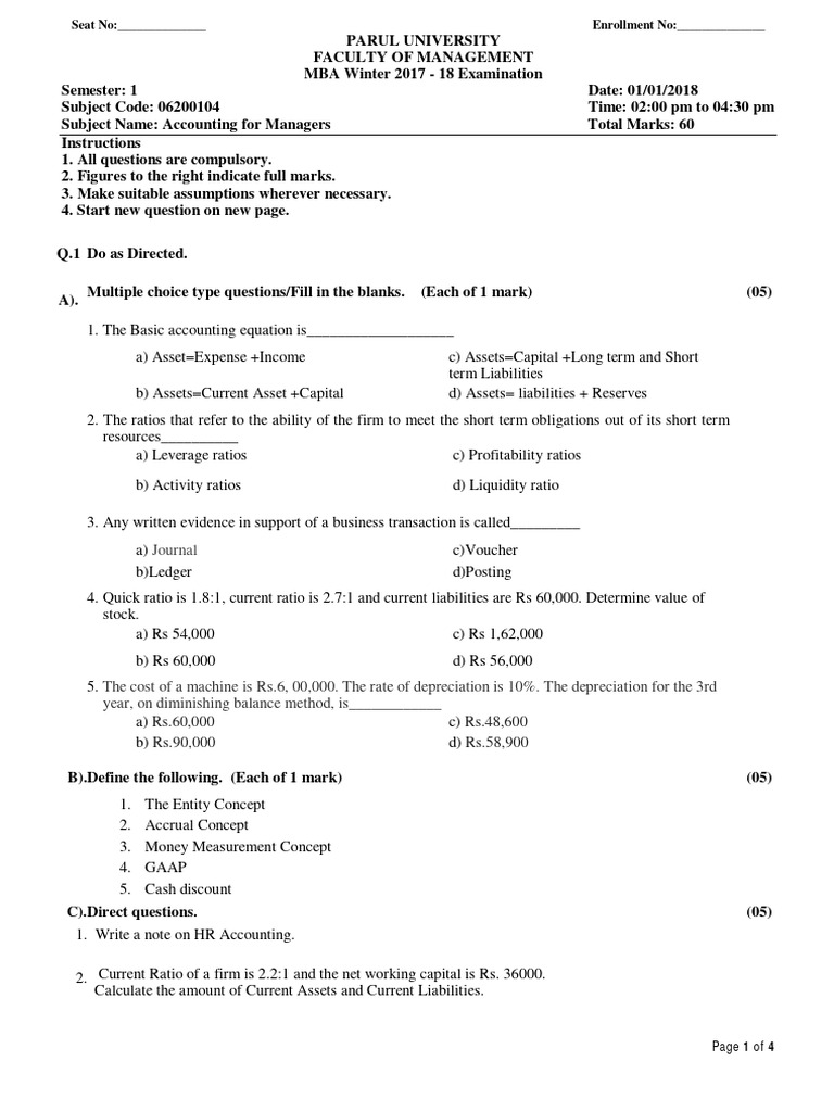 MBA Accounting Exam Paper 2017-18 | PDF | Balance Sheet | Depreciation