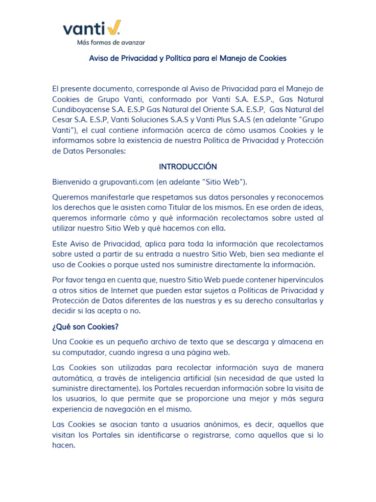 Pol Tica Cookies Grupo Vanti Final | PDF | Cookie HTTP | Sitios web