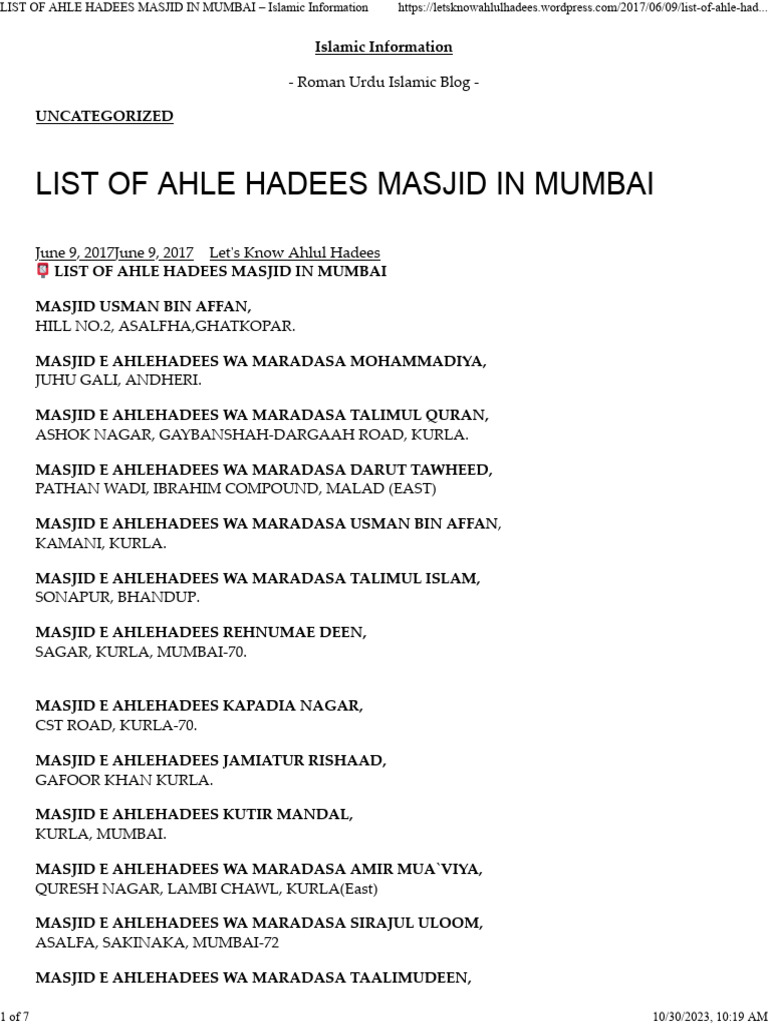 List of Ahle Hadees Masjid in Mumbai – Islamic Information | PDF ...