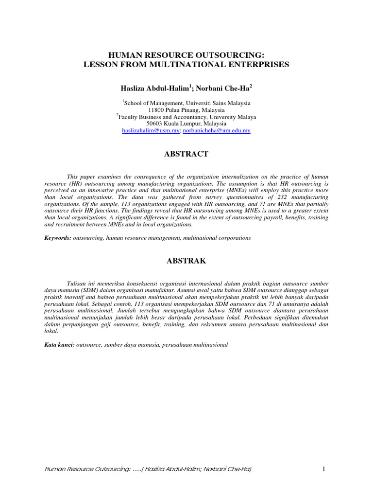 HR Outsourcing in Multinational Enterprises | PDF | Human Resource Management | Outsourcing