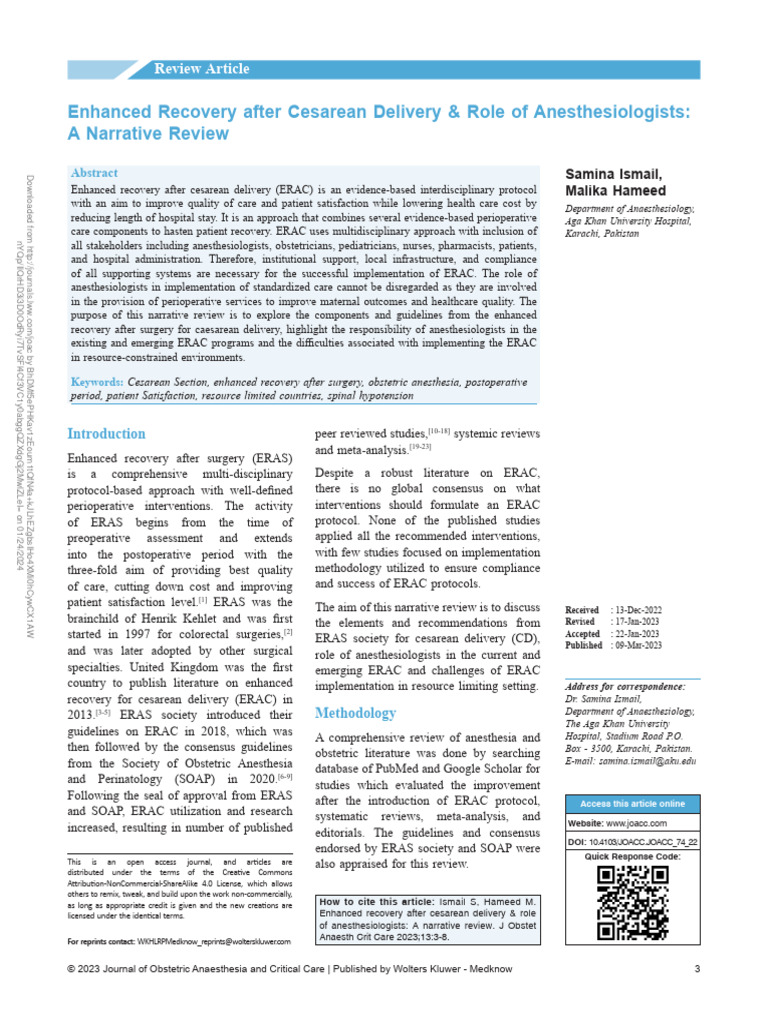 Enhanced Recovery After Cesarean Delivery Role.2 | PDF | Anesthesia ...