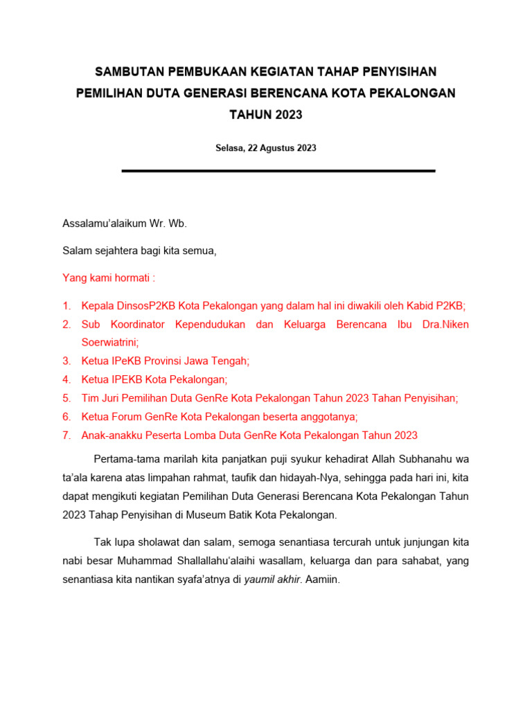 Sambutan Duta Genre 2023 | PDF | Kesehatan Holistik