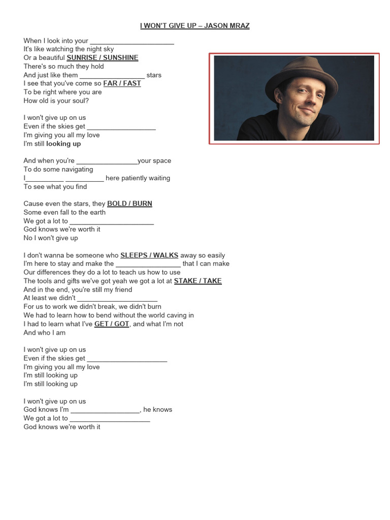 I Wont Give Up Jason Mraz Activities With Music Songs Nursery Rhymes ...