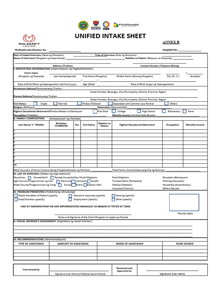 Unified Intake Sheet | PDF | Health Care | Social Programs