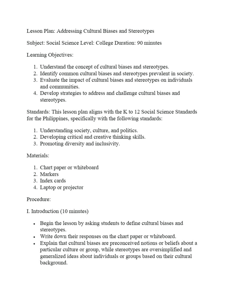 Lesson Plan - Addressing Cultural Biases and Stereotypes | PDF | Stereotypes | Bias