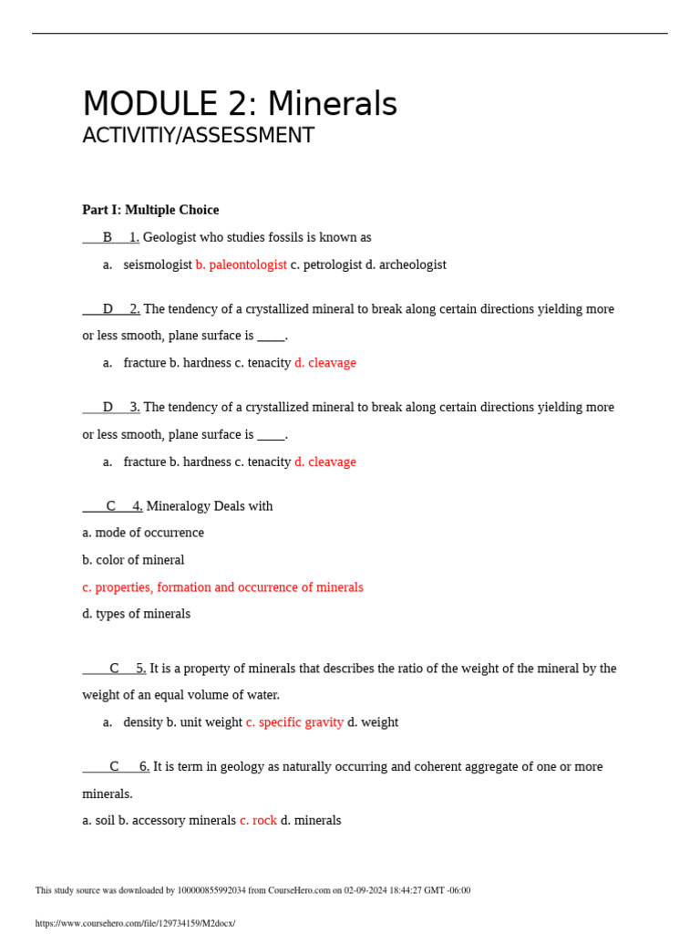 MODULE 2: Minerals: Activitiy/Assessment | PDF | Minerals | Crystal