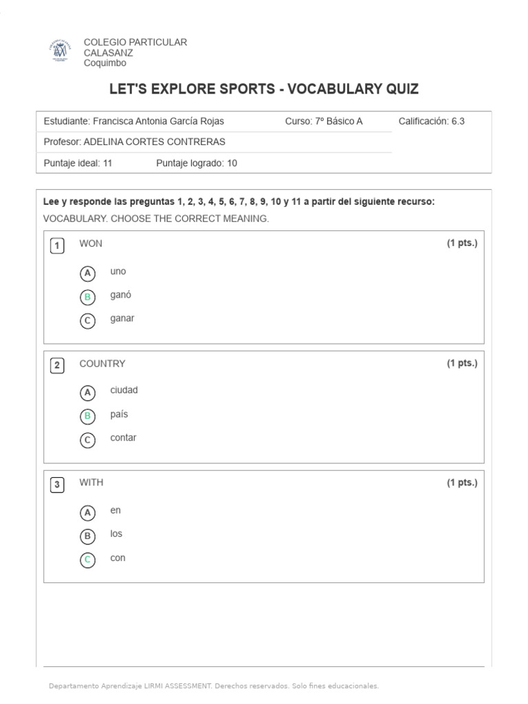 Lets Explore Sports Vocabulary Quiz 5546830 | PDF