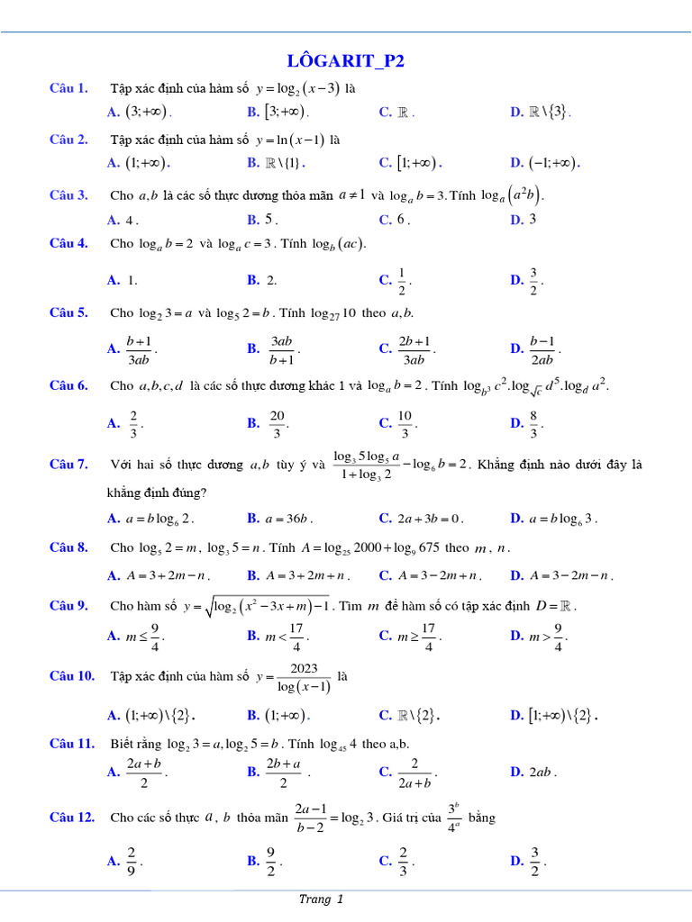 Phiếu số 2 - LÔGARIT | PDF